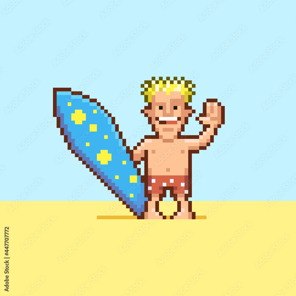 colorful simple flat pixel art illustration of cartoon young smiling ...