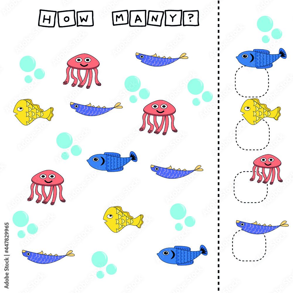 How many counting game with funny fishes. Worksheet for preschool kids ...
