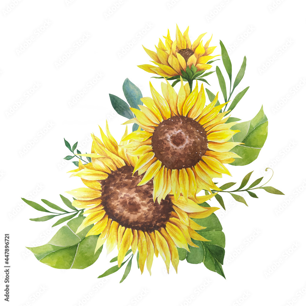 Watercolor sunflowers bouquet, hand painted sunflower bouquets ...