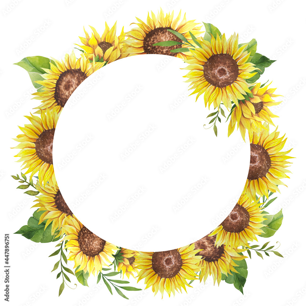 Watercolor Sunflower Frame. Floral Frame with Sunflowers and Leaves ...