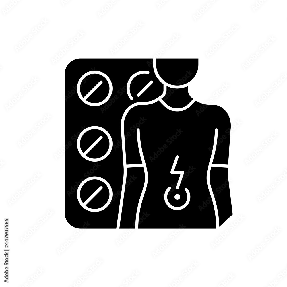 Tablets for stomach ache black glyph icon. Relaxing muscles in abdomen ...