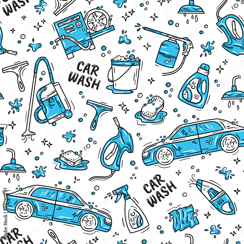 Car wash and detaling seamless pattern with icons in the Doodle style ...
