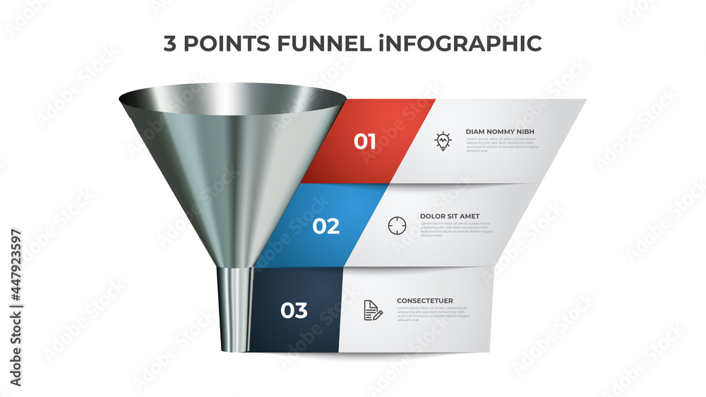 Funnel infographic diagram, chart element with 3 points, list, options ...