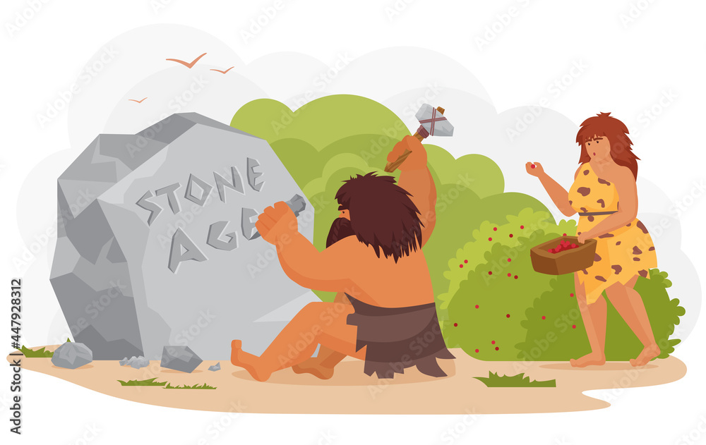 Prehistoric ancient primitive cave tribe man and woman vector ...