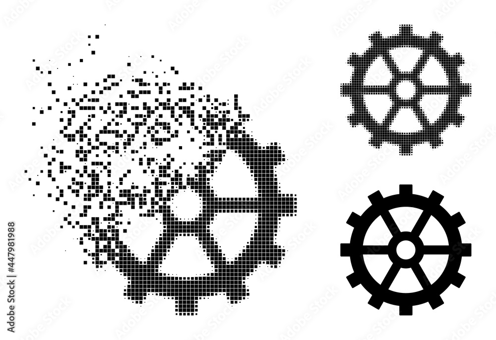 Dissolving dotted gear pictogram with destruction effect, and halftone ...