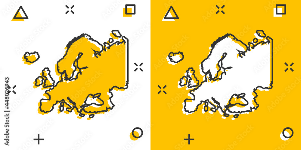 Cartoon colored Europe map icon in comic style. Europe sign ...