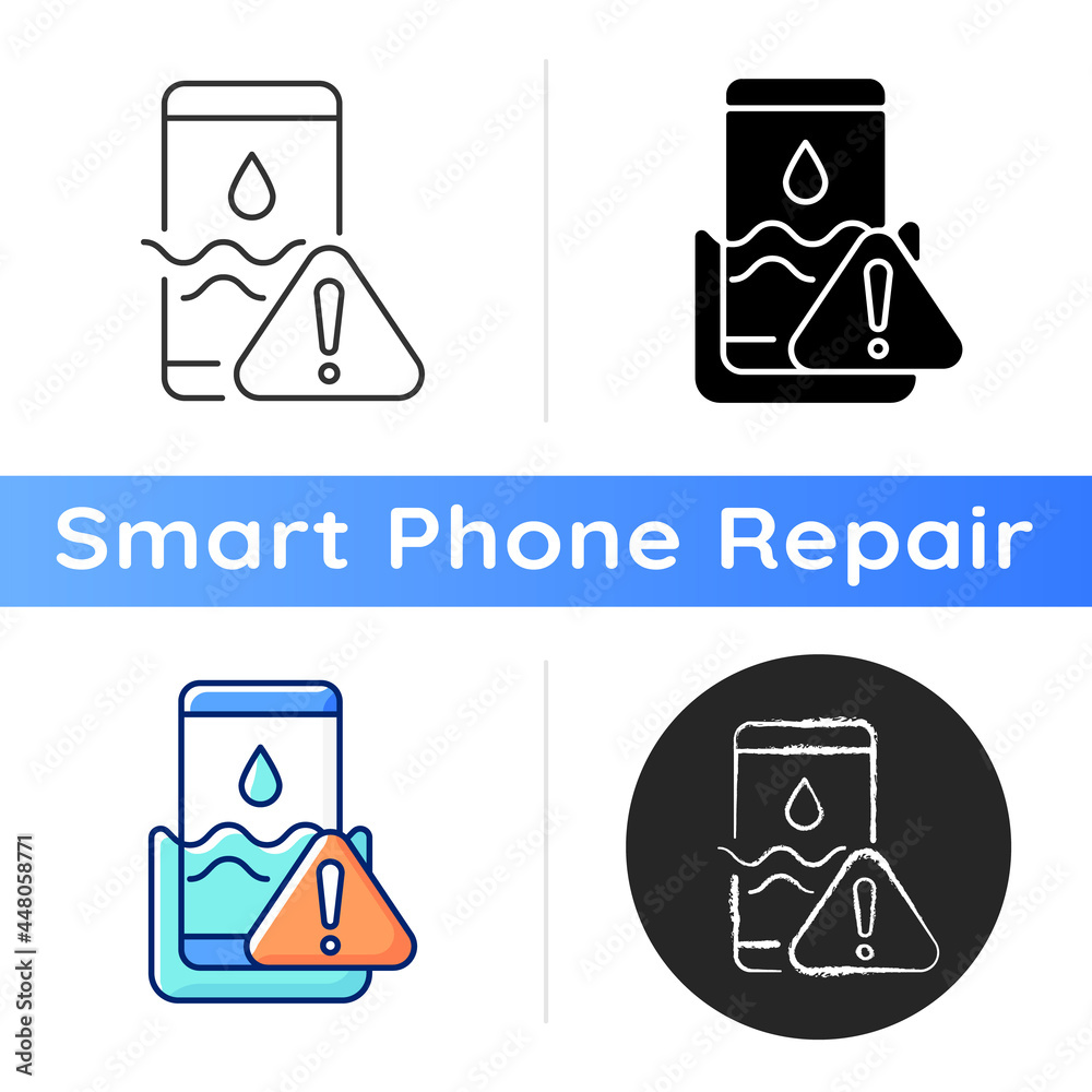 Water damage icon. Fix liquid damaged mobile phone. Drop smartphone ...