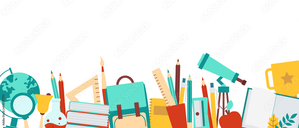 Horizontal banner template with school supplies, tools, stationery ...