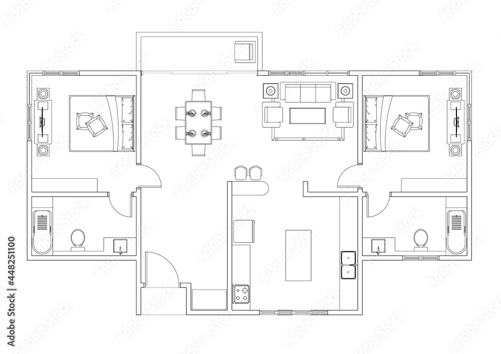 2D CAD house layout plan drawing with a double bedroom complete with ...