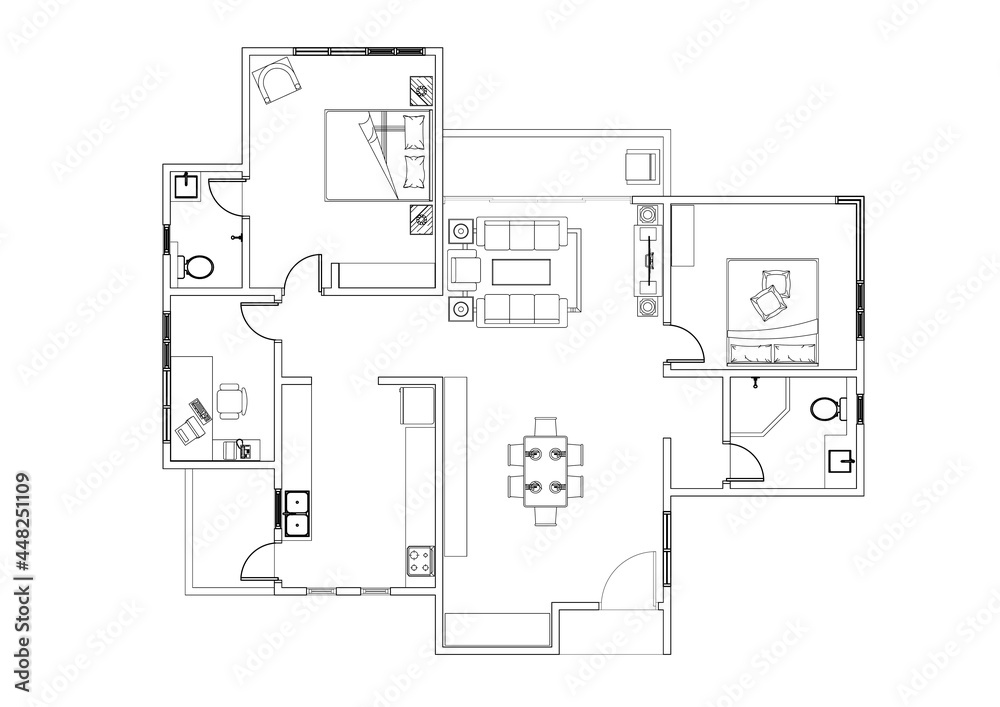 2D CAD house layout plan drawing with a double bedroom complete with ...