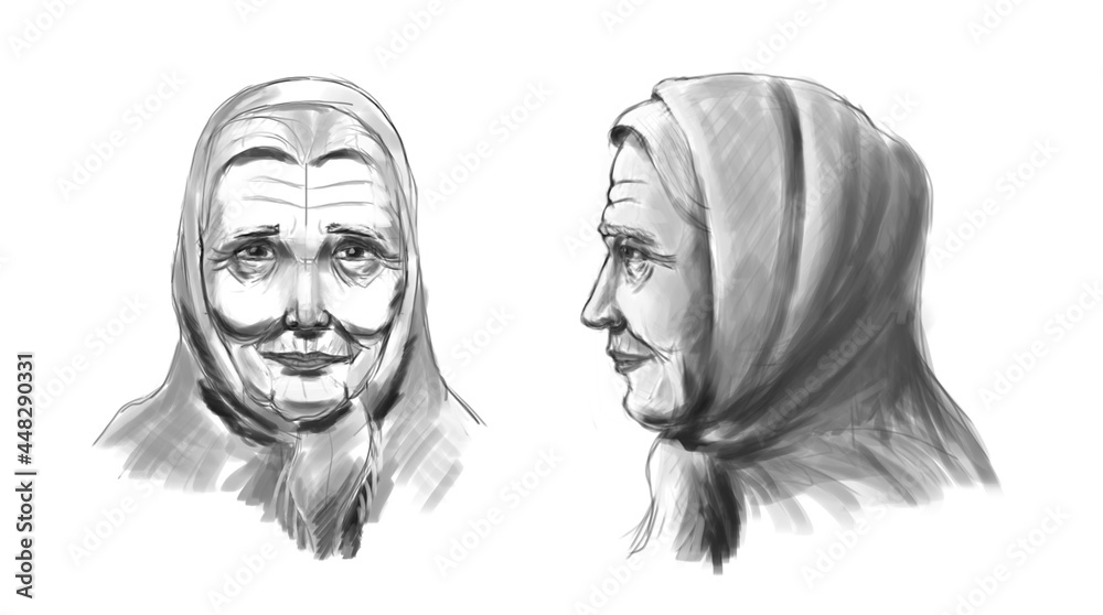2D digital sketch portrait of an old woman on white background. Drawing ...