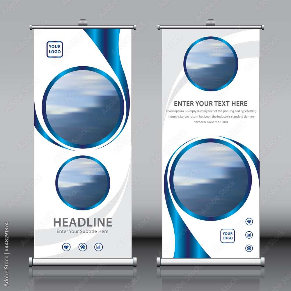 Roll up vertical standee banner design template vector with 2 images ...