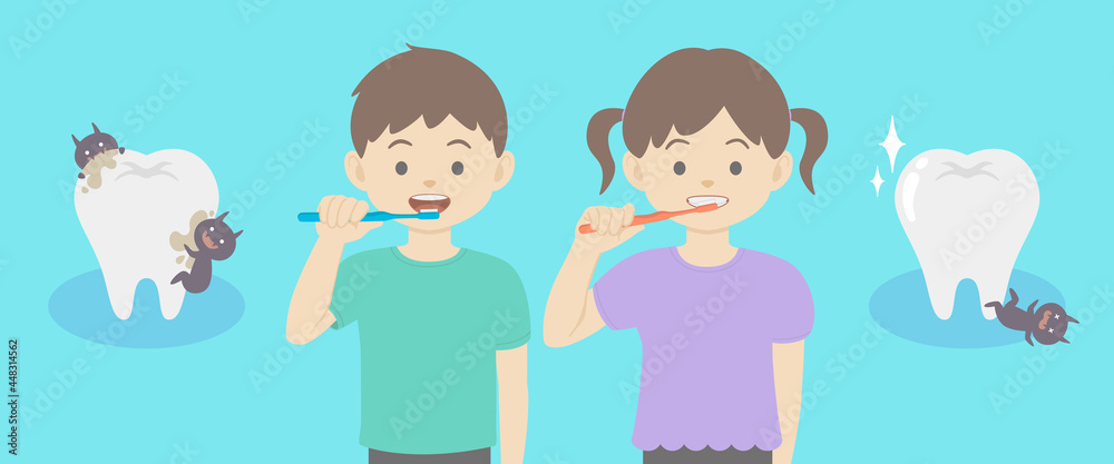 Vector illustration of cute little boy and girl brushing teeth and ...