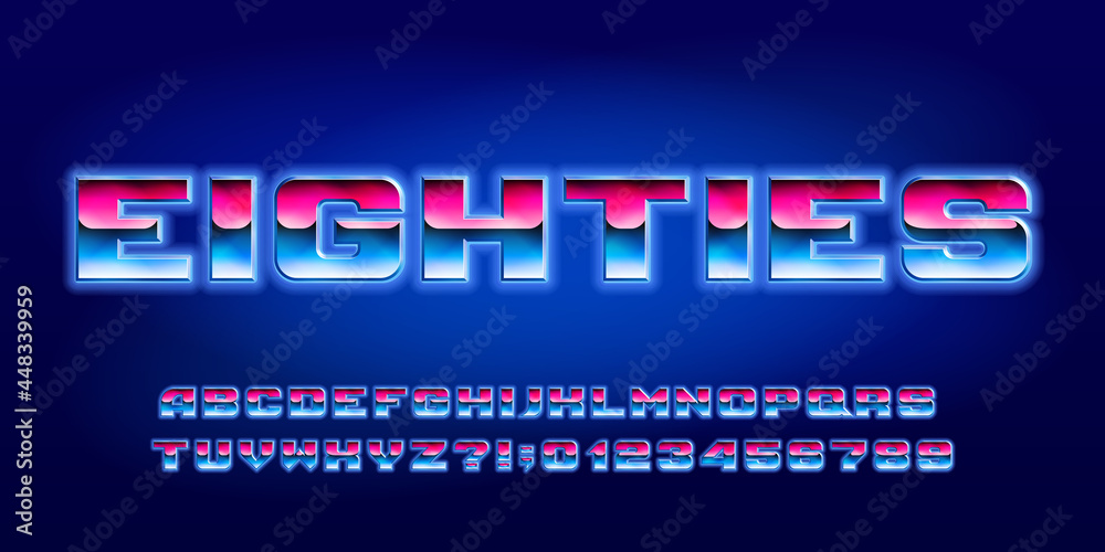 Eighties alphabet font. Glowing letters and numbers in 80s style. Stock ...