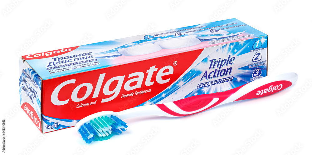 Moscow, Russia - March 27, 2021: Colgate toothbrush with colored ...