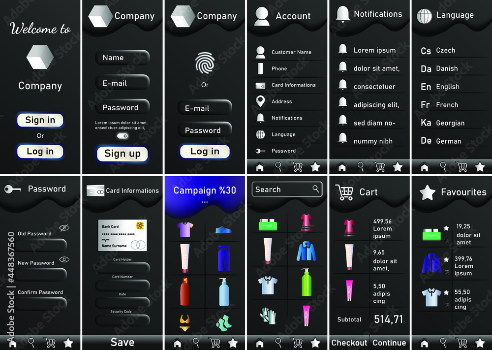 Set of black UI, UX, screens Shopping app flat design template for IOS ...