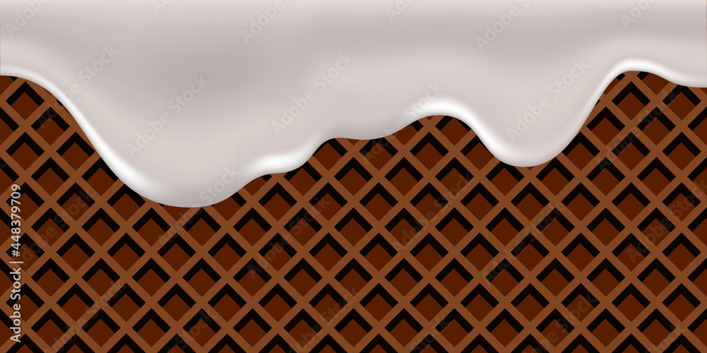 Milk creamy dripping wave splash on waffle texture. Melted liquid ...