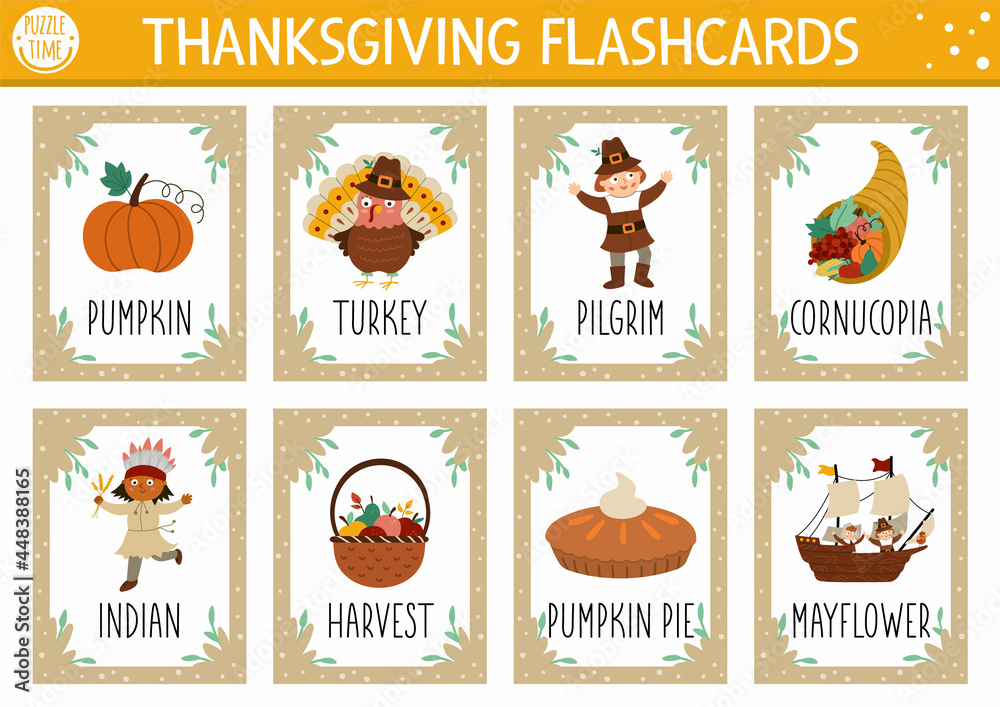 Vector Thanksgiving flash cards set. English language game with cute ...