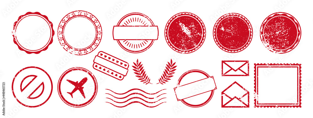 Postal Stamp frame grunge empty red set. Banners vintage icon border ...