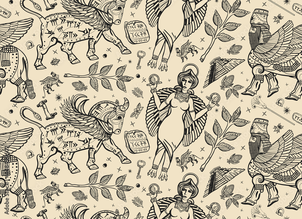 Ancient Sumerian Civilization. Seamless pattern. Gilgamesh legends ...