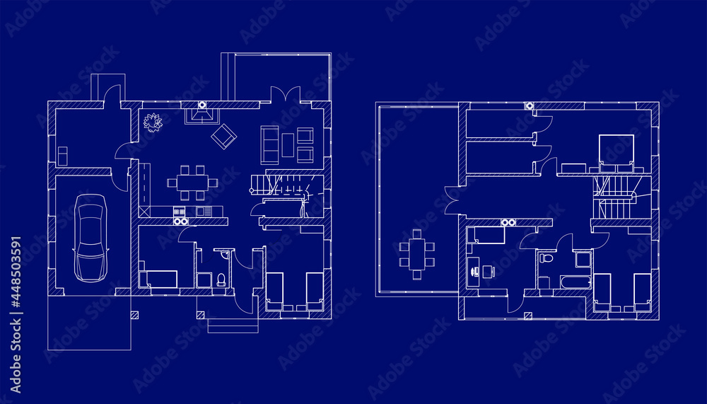 Blueprints floor plans of a suburban house. Vector Illustration. Stock ...