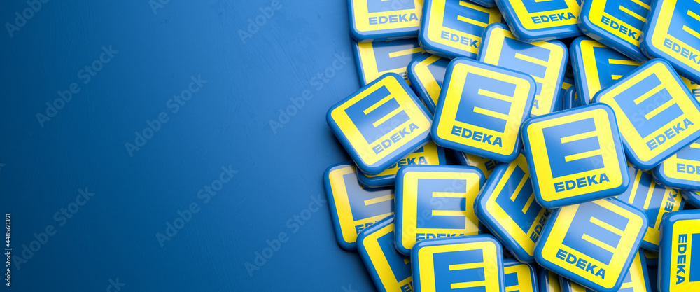 Logos of the German supermarket corporation Edeka Group consisting of ...