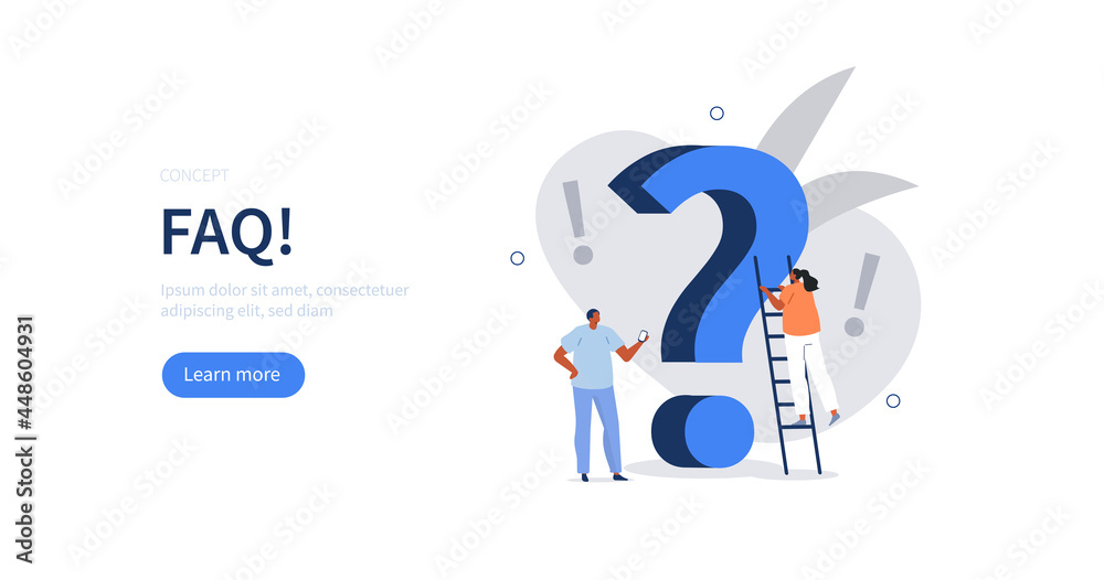 People characters standing near question marks. Woman and man ask ...