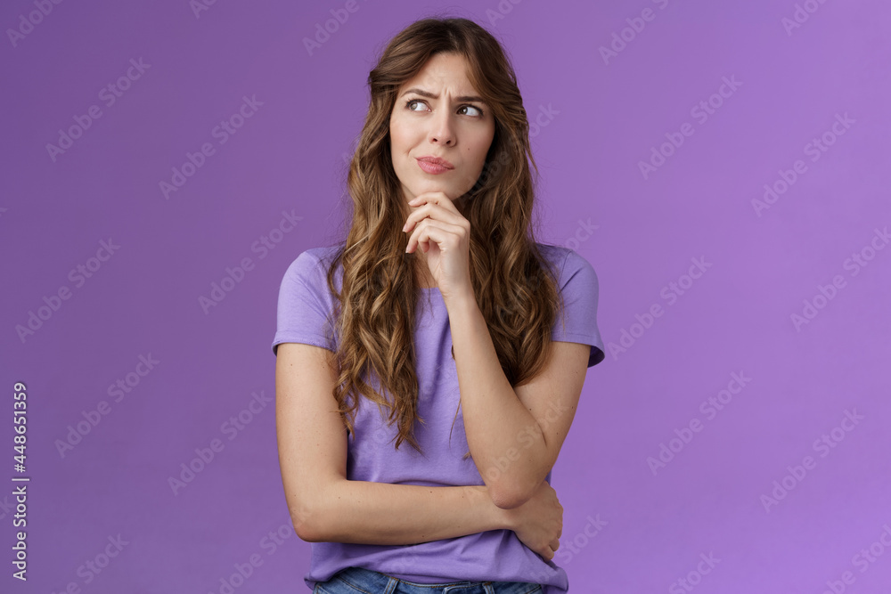 Girl trying solve problem thinking solution make hmm face smirk ...