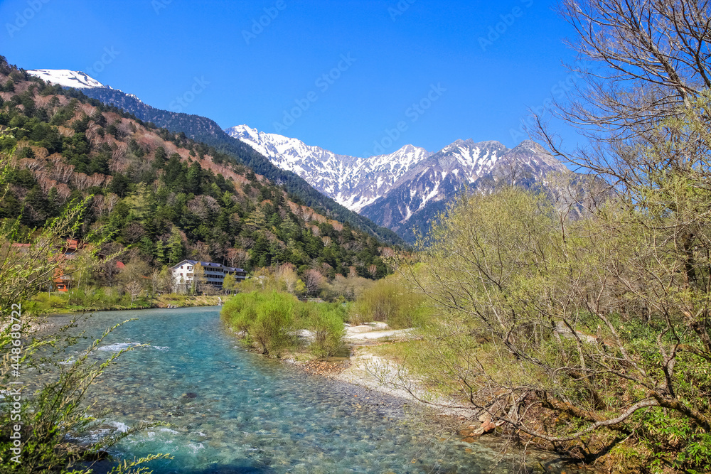 Kamikochi National Park in the Northern Japan Alps of Nagano Prefecture, Japan. Beautiful snow ...
