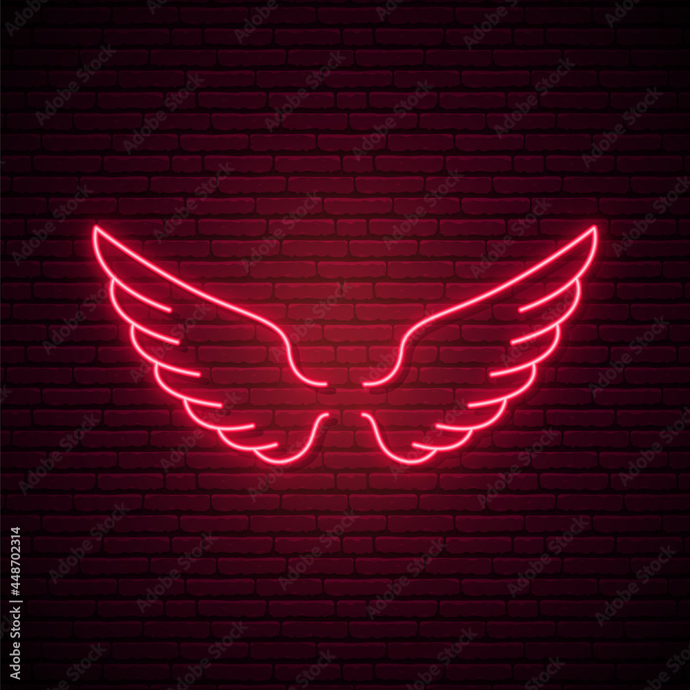 Red neon wings icon. Two glowing wings on dark brick wall background ...