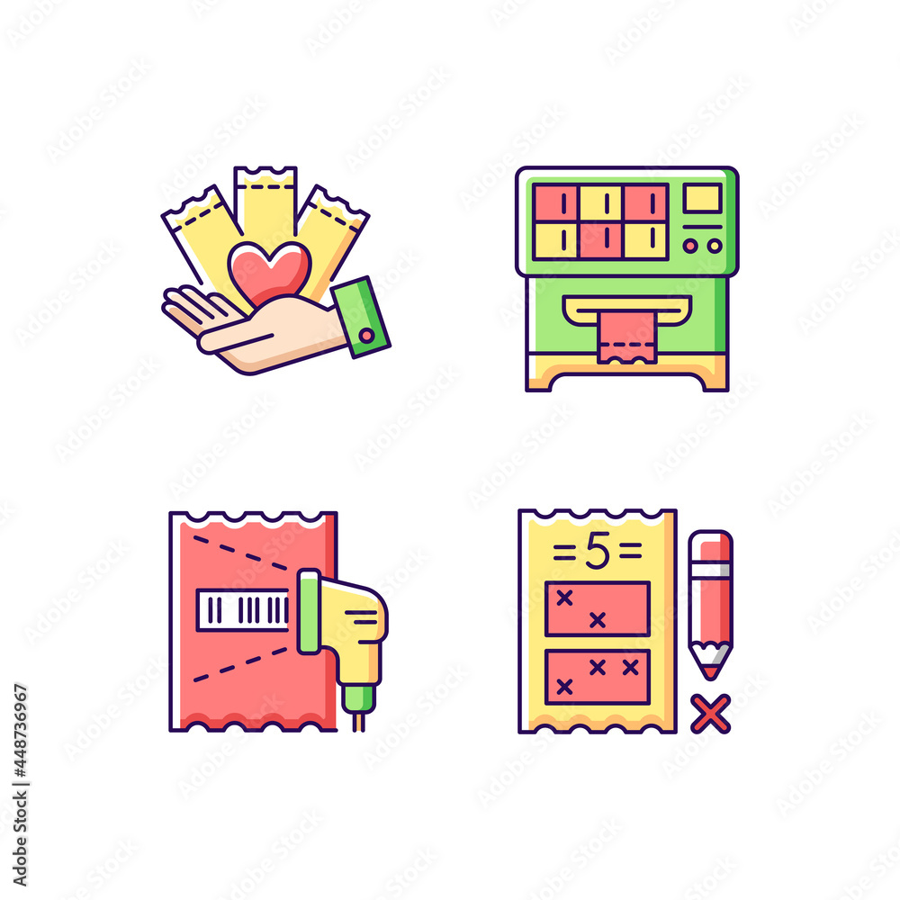 Playing lotto games RGB color icons set. Charity gambling. Lottery ...