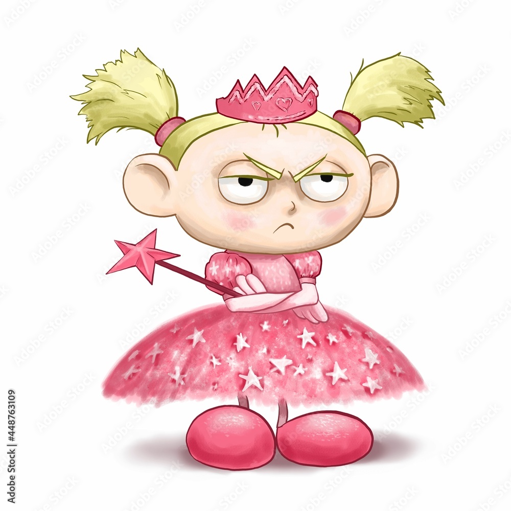 girl in the costume of princess, in pink dress, standing with a sour ...