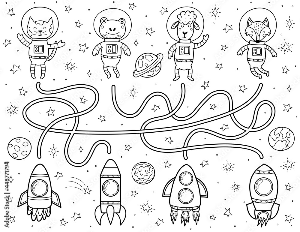 Find a correct way to the rockets for each animal astronaut. Black and ...
