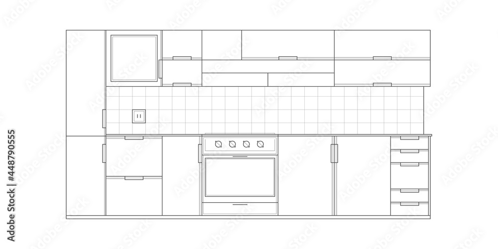 Kitchen drawing.Architectural linear sketch interior kitchen front view ...