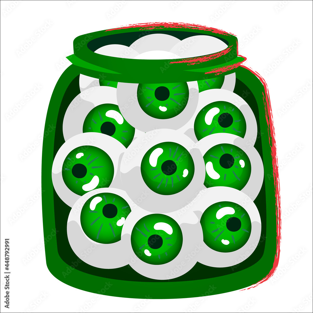 Zombie eyes. Halloween jar with pickled zombie eyes. Spooky vector flat ...