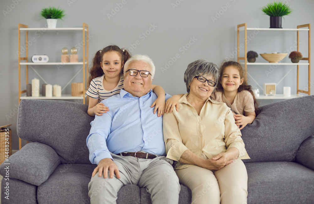 Portrait of a happy grandmother, grandfather and their two little ...