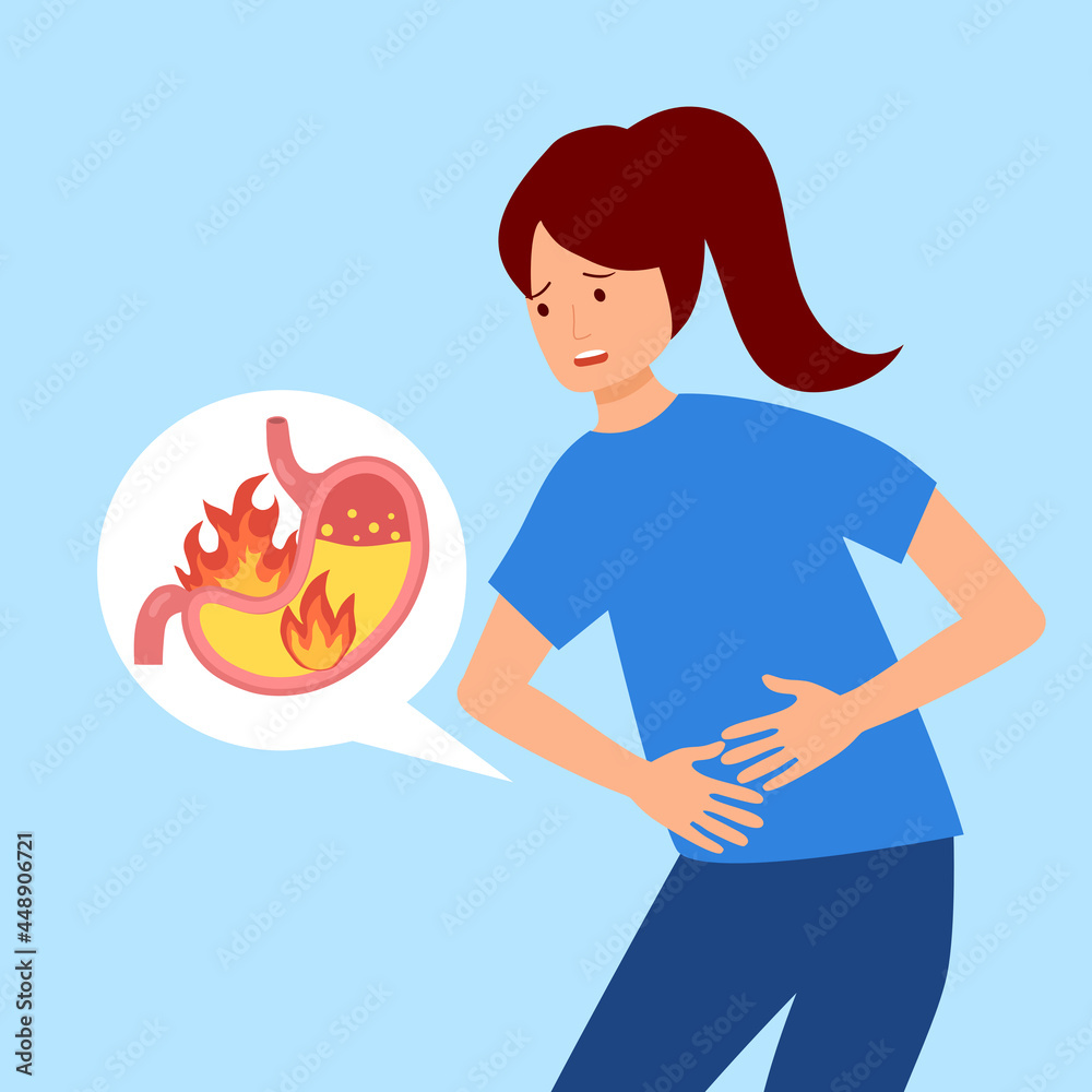 Woman feel pain in stomach vector illustration. Stomach acid reflux ...