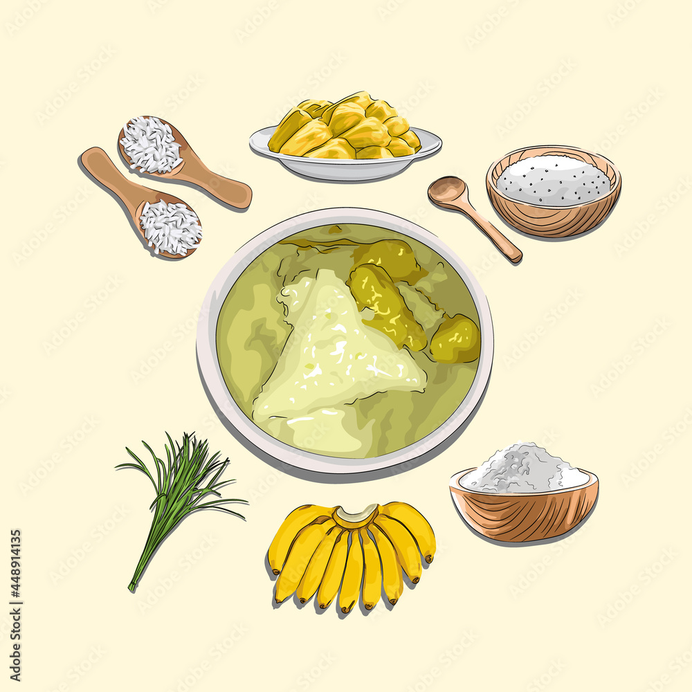 Kuah Tuhe Khas Aceh And Ingredients, Sketch And Vector Style ...