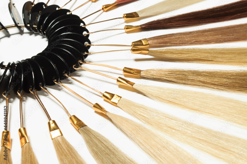 closeup of hair base color palette, hair samples chart, make of human ...