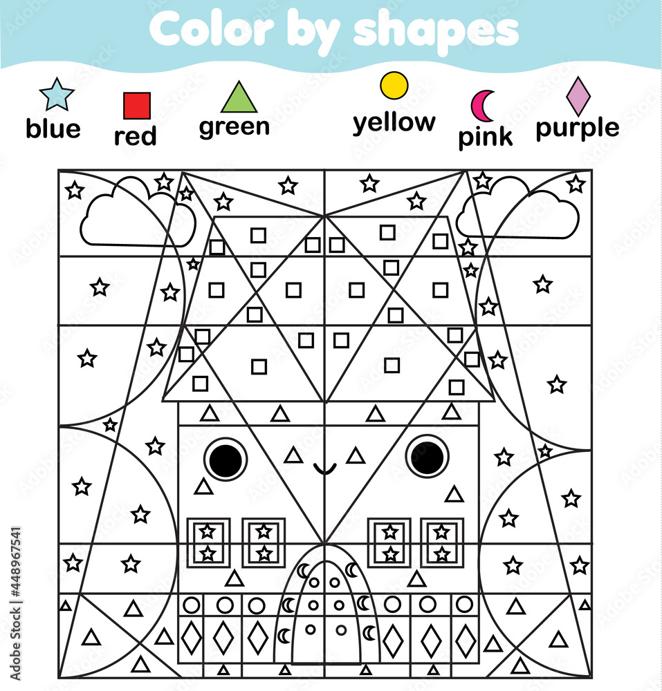 House coloring page. Color by shapes, printable activity. Worksheet for ...