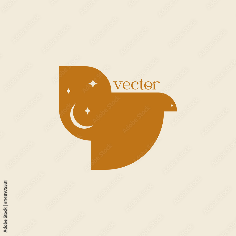 Abstract icon of a flying bird. Logo of a bird with a moon and stars in ...