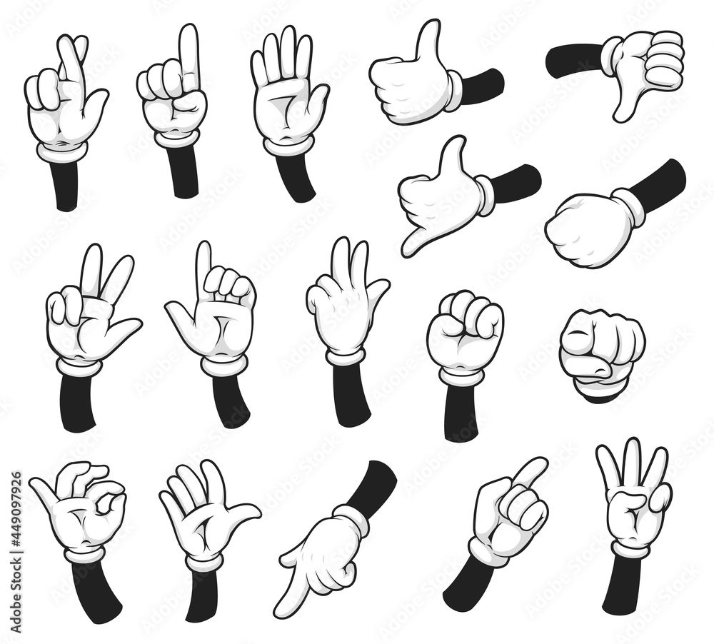 Cartoon glove hand and arm, comic hands with finger gestures. Vector ...