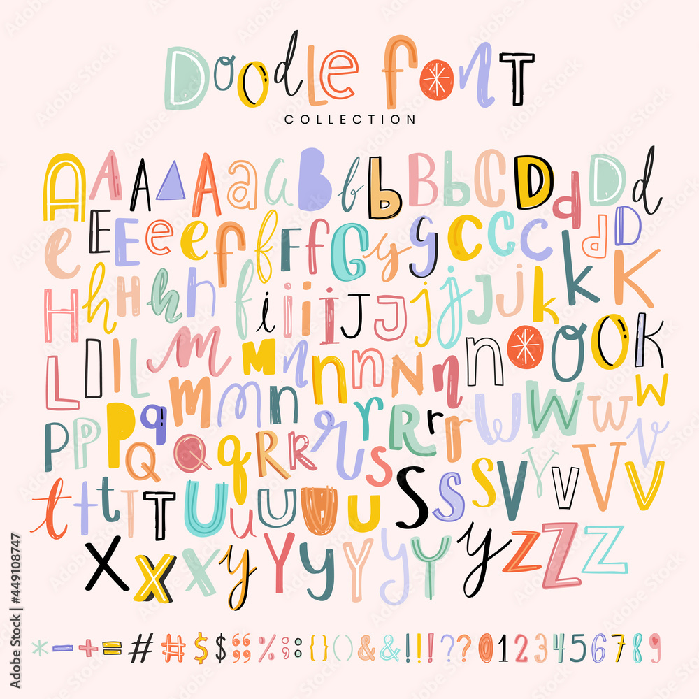 Alphabets, punctuations and numbers doodle fonts vector set Stock Vector | Adobe Stock