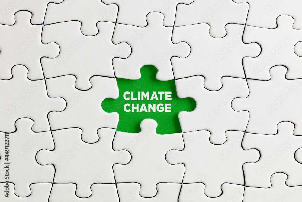 Green missing puzzle piece with the word climate change. Deforestation ...