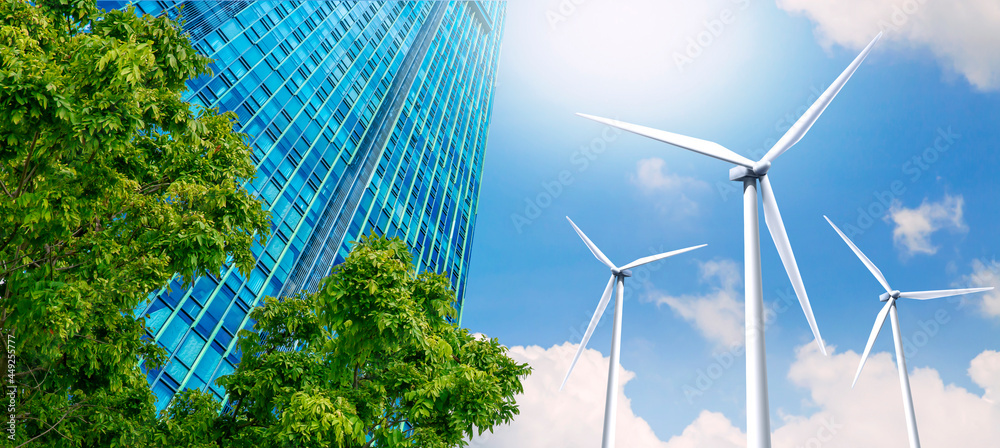 Modern high-rise buildings are powered by wind turbines. and the fresh ...