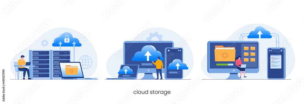 Database protection concept, data center, file management, cloud storage flat illustration ...