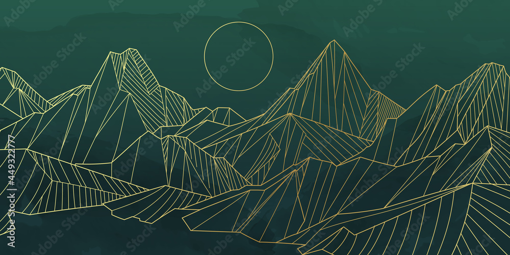 Gold mountain wallpaper design with landscape line arts, Golden luxury ...