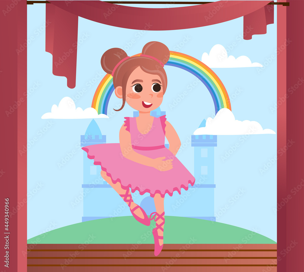 Ballerina performs on stage. Beautiful little girl in pink dress and ...