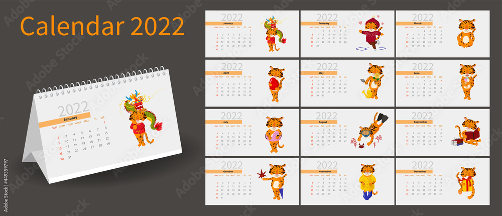 2022 calendar design with funny tiger cub with different seasonal ...