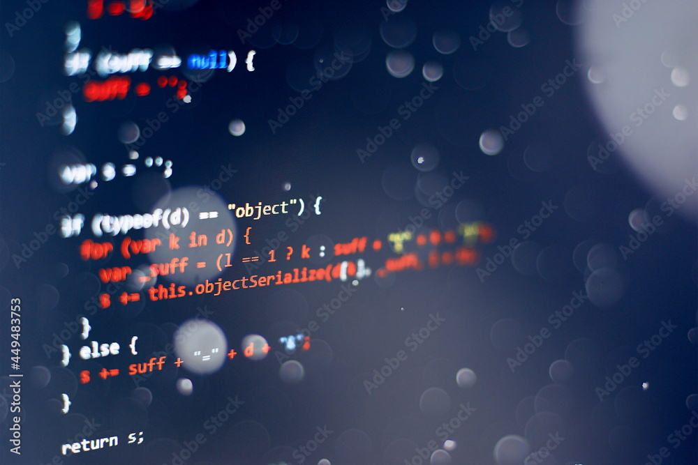 Desktop PC monitor photo. Javascript functions, variables, objects. Project managers work new ...